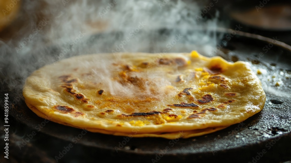 Detailed shot of a roti being cooked on a hot griddle, with golden ...