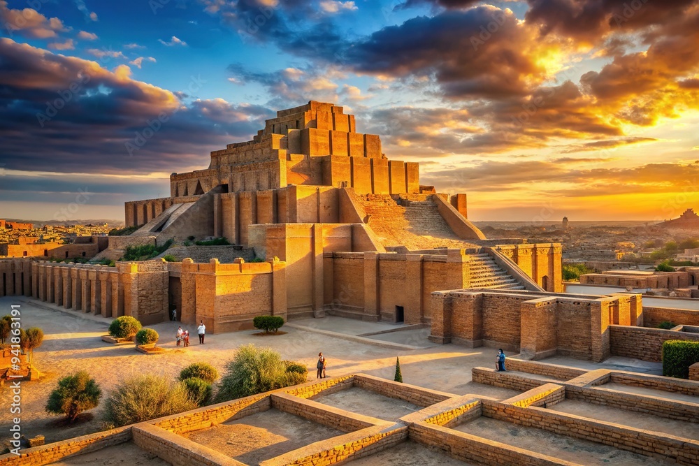 Ancient Mesopotamian cityscape with ziggurat temple, intricate stone ...