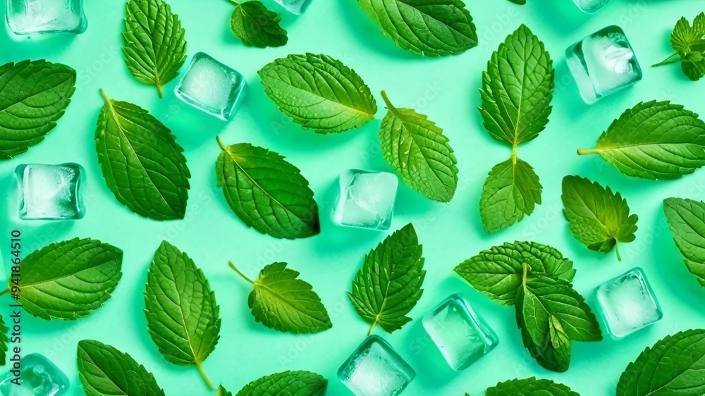 Refreshing background with ice cubes and scattered fresh mint leaves ...