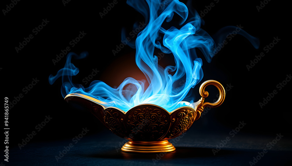 Magic lamp on black background from the story of Aladdin with Genie appearing in blue smoke ...