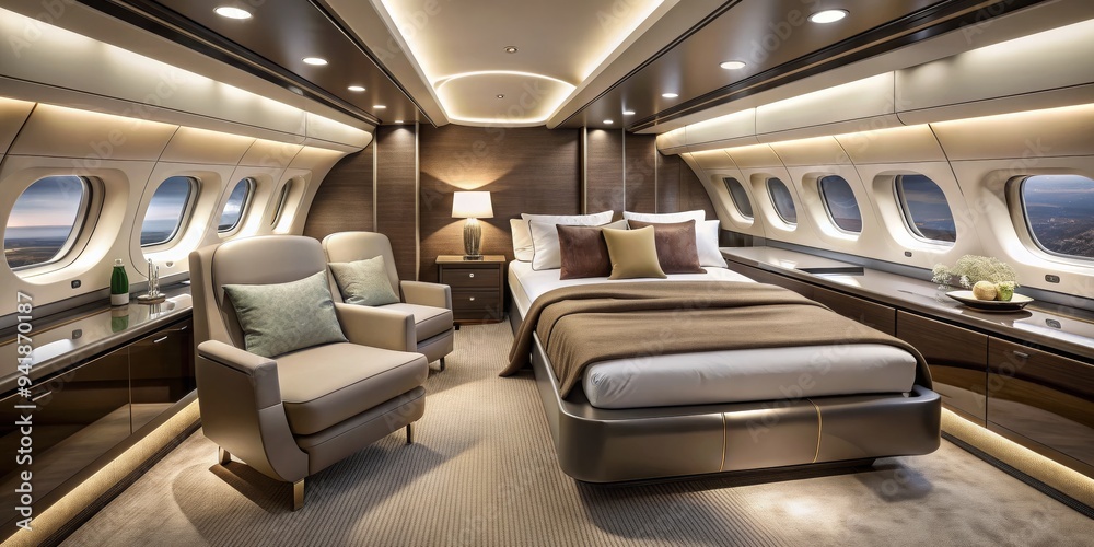 Private Jet Cabin Interior Luxurious Bedroom Design with Two Armchairs ...