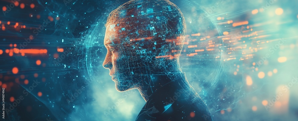 An abstract depiction of AI and human integration, with digital ...