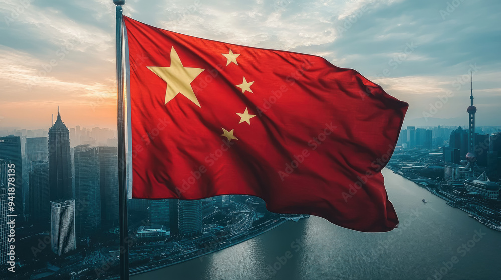 Chinese red flag with stars on background of Shanghai, state symbol ...