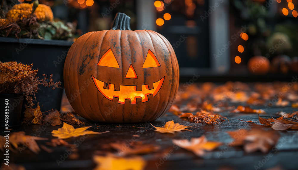 Halloween, Sinister Pumpkin with Glowing Eyes and Mouth on the Ground ...