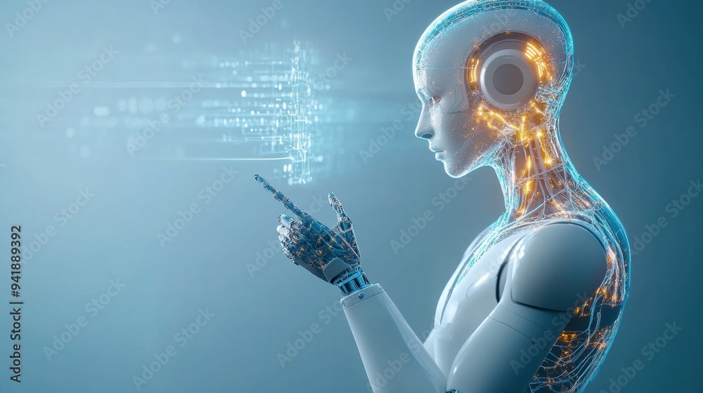 A human figure with a shadow cast by a towering AI robot, highlighting ...