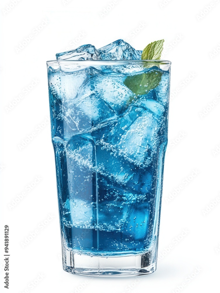 Blue Lagoon Cocktail: A refreshing blue lagoon cocktail with ice and mint garnish. A tall glass ...