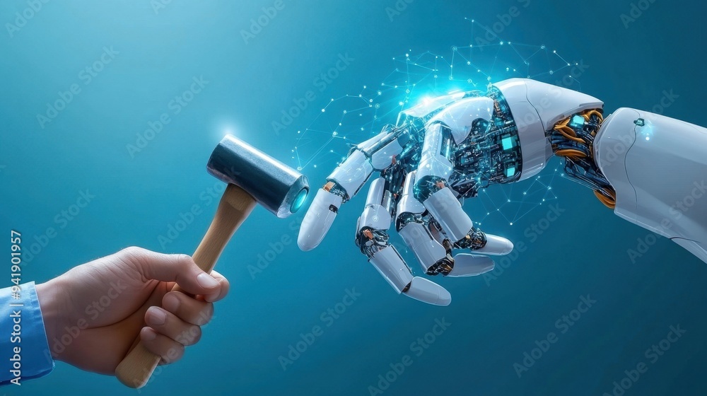 Illustrate a human hand holding a tool that morphs from a hammer into a ...