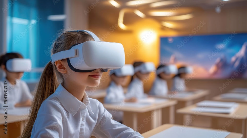 Depict the transformation of a classroom, with traditional chalkboards ...