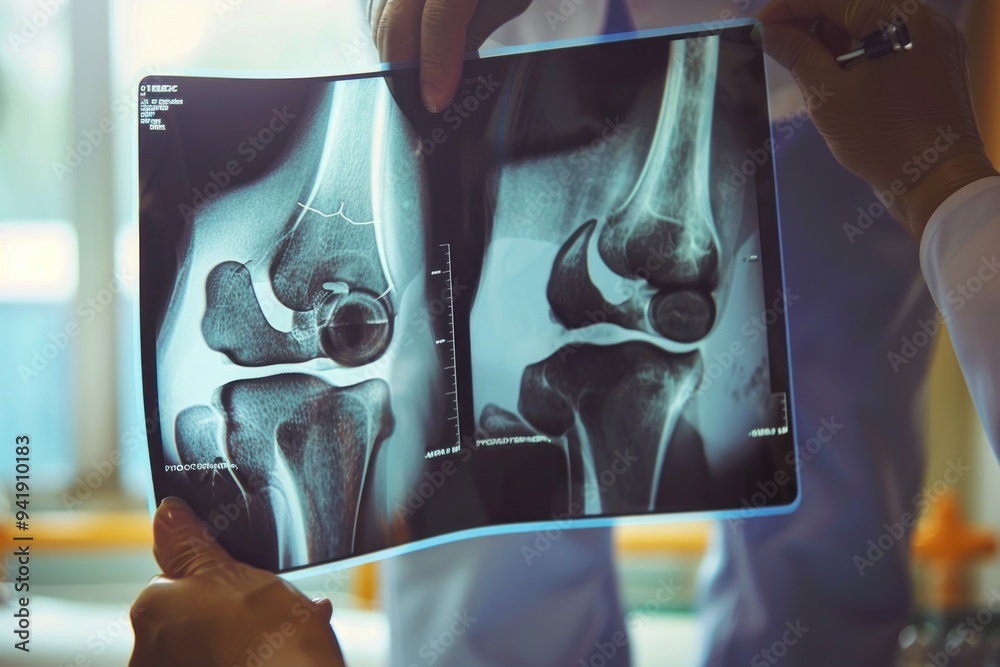 Orthopedic surgeon doctor examining patient's knee joint x-ray films ...
