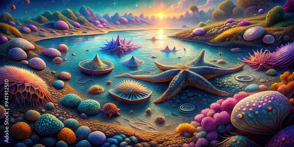 Shimmering Tide Pools: Detailed depictions of marine life in iridescent ...