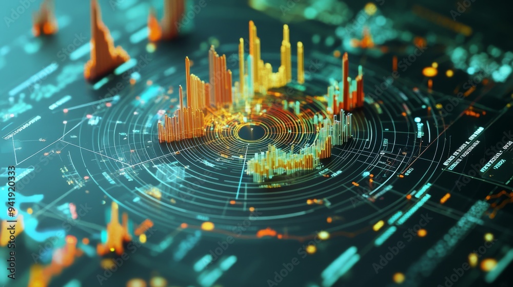A top-down view of a 3D radar chart with multiple axes and data points, showing financial ...