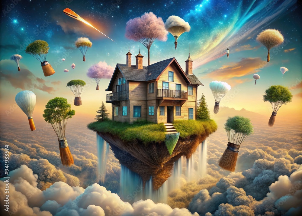 Surrealist House with Floating Brushes: A dreamlike scene of a house ...