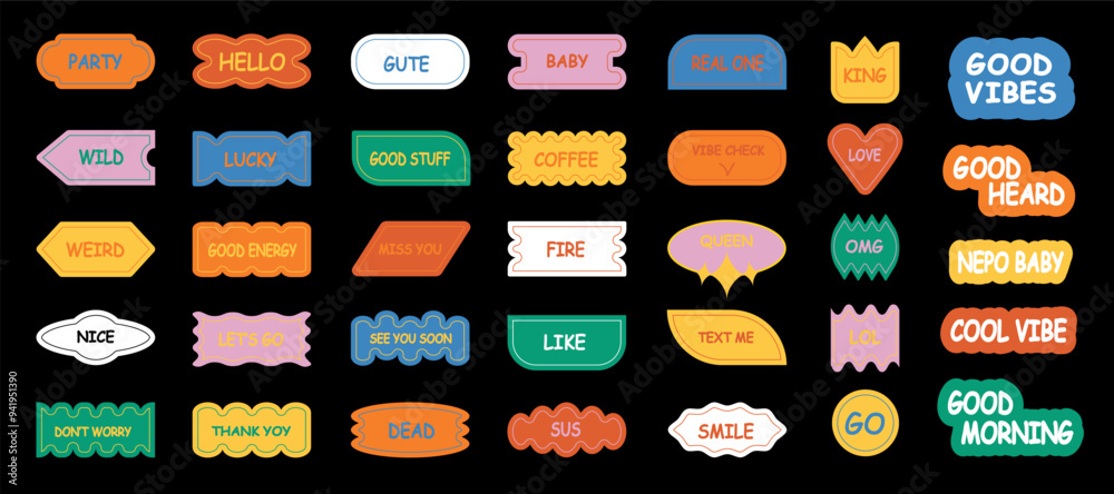 Brutalism retro 90s style naive playful abstract shapes sticker pack ...