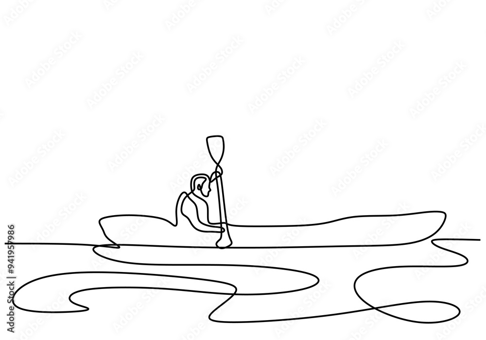 One Line Drawing of Man Kayaking. Continuous Art of Boat Sport. Stock ...