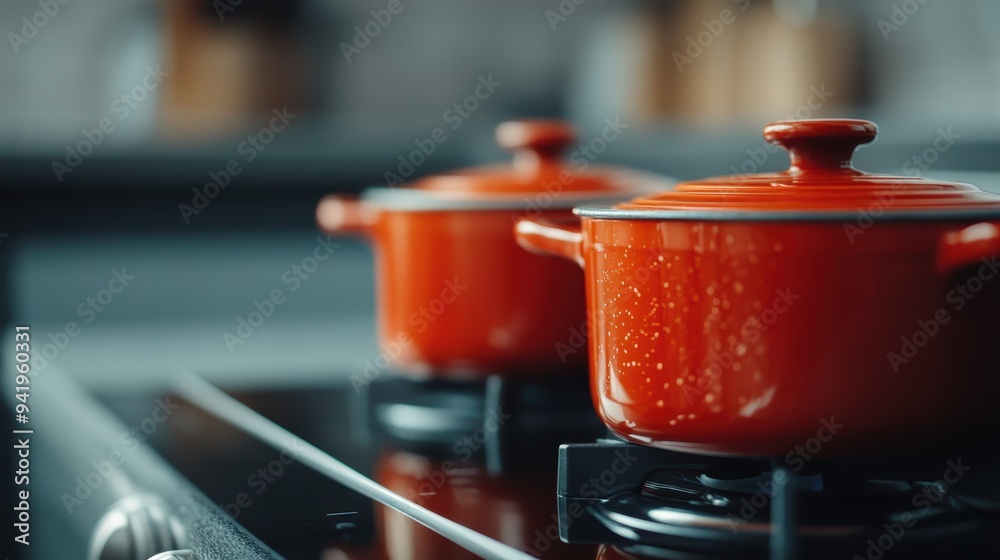 A photograph showing two red pots with lids on a stovetop, ready for ...