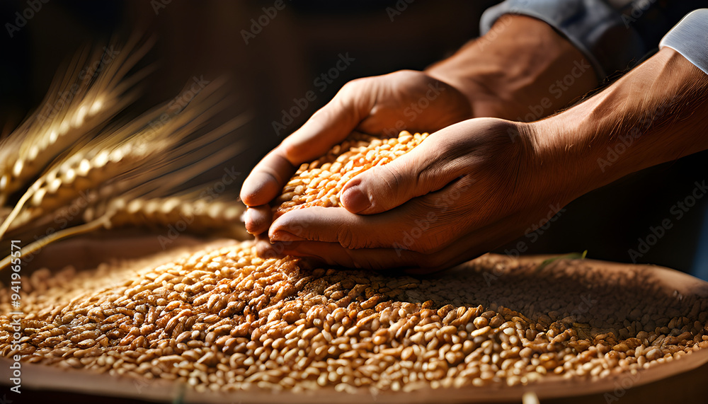 Wheat grain heap in hands Farming Cereal Crop Food Harvest Organic ...