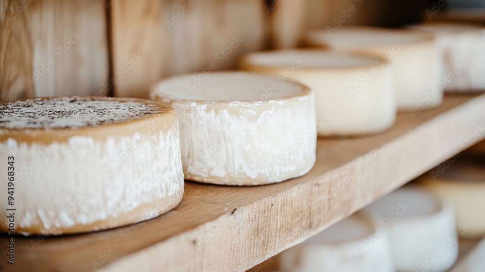 Image showing cheese wheels on wooden shelves showcasing their aging ...