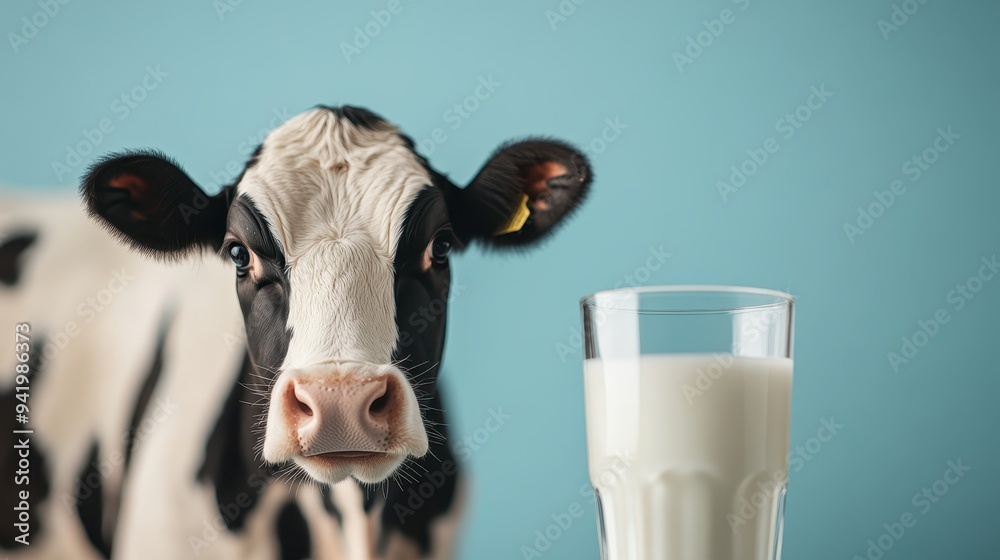 A close-up of a black-and-white Holstein cow with a glass of milk ...