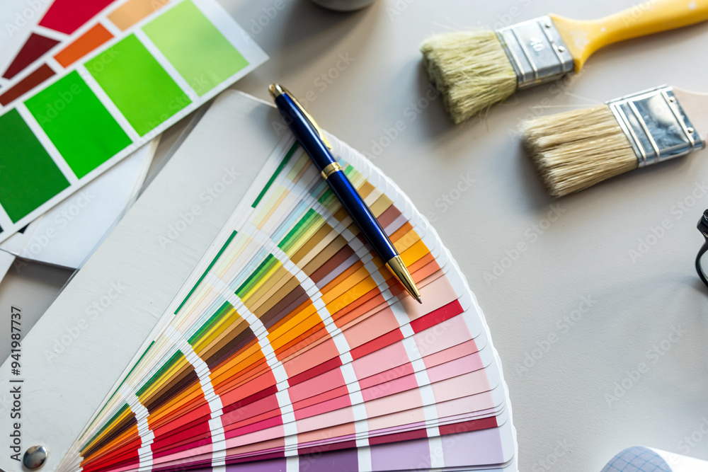 creative workplace color palette with notepad, brush. Modern graphic ...