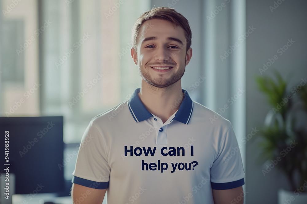 How can I help you sign on a white polo shirt of a young man standing ...