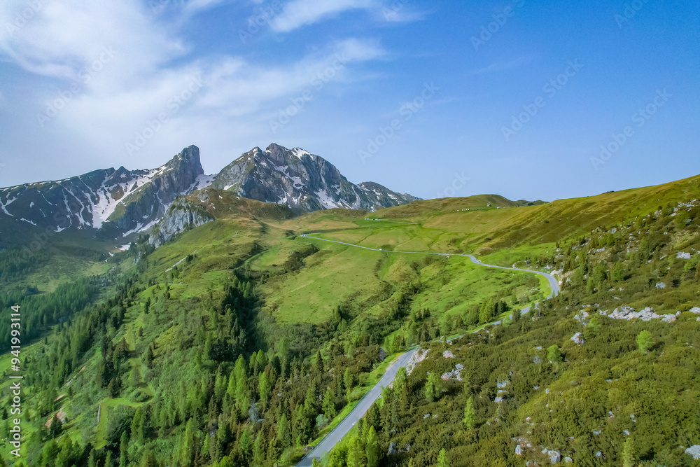Snake Road in the Dolomites. Sunrise aerial forest. Pathway from Snake ...