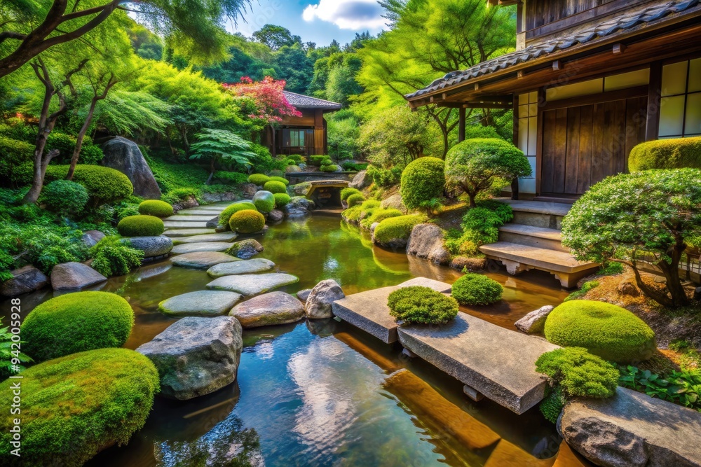 Zen Garden Oasis: Calming, nature-inspired, lush greenery, stone ...