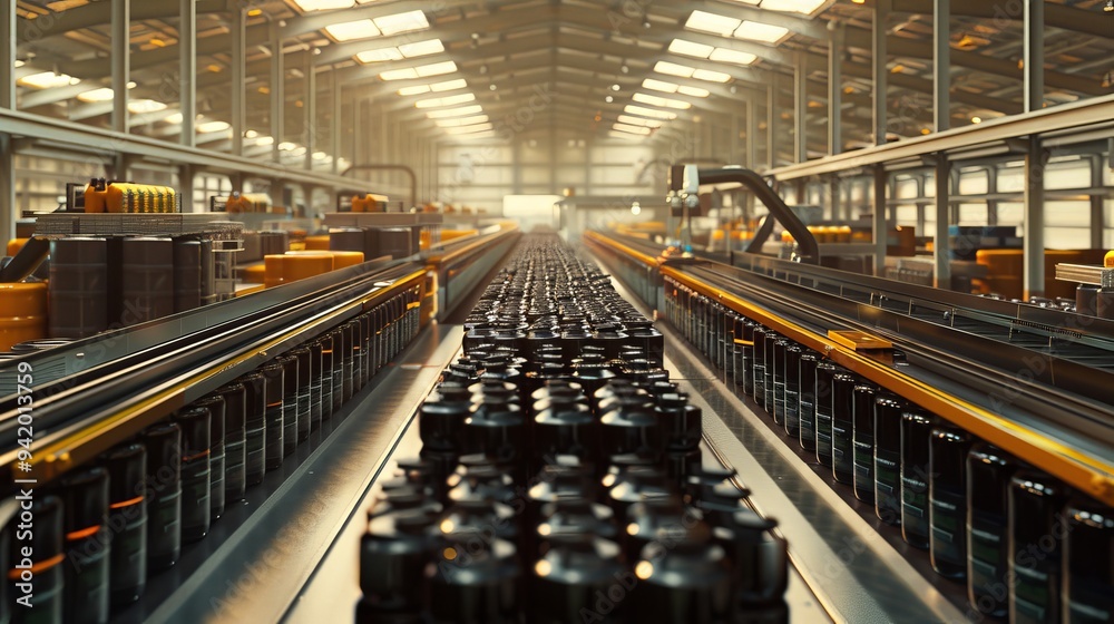 Extreme Wide Shot of Robotics Bottling Dark Brown Engine Oil in a Large ...