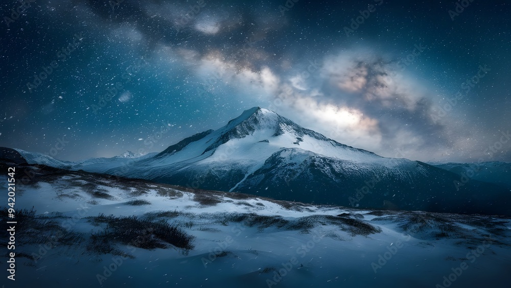 Celestial Snow, Mountain Peaks Beneath a Starry Sky, generative AI ...