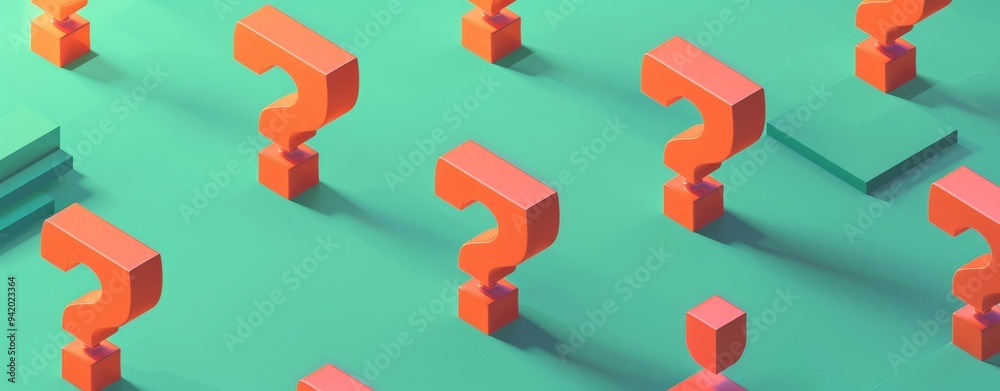 3D isometric orange question marks on a teal background in a minimalist ...
