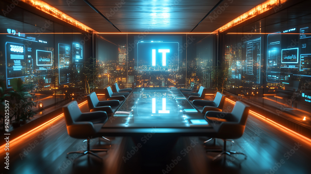 "IT" glowing on a transparent holographic display in a high-tech ...
