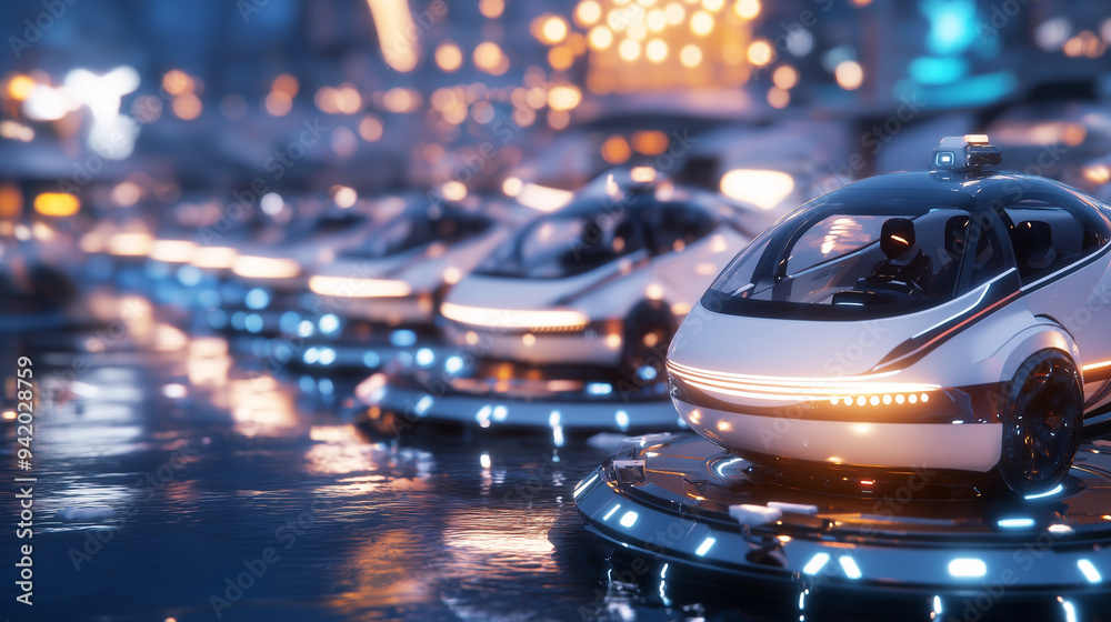 Flying cars lined up like taxis, picking up passengers from a floating ...