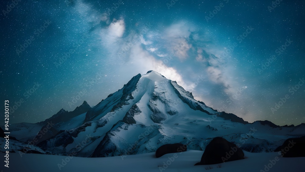 Celestial Snow, Mountain Peaks Beneath a Starry Sky, generative AI ...
