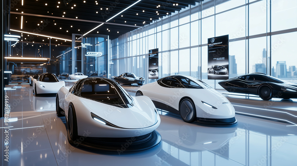 A sleek showroom with various models of flying cars on display ...
