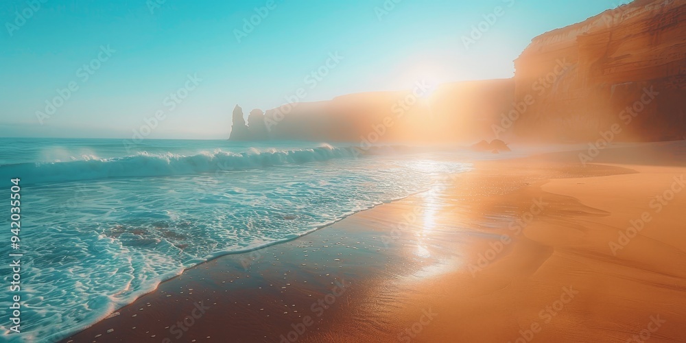 Images of sand, water, and cliffs on a screen with anamorphic lens ...