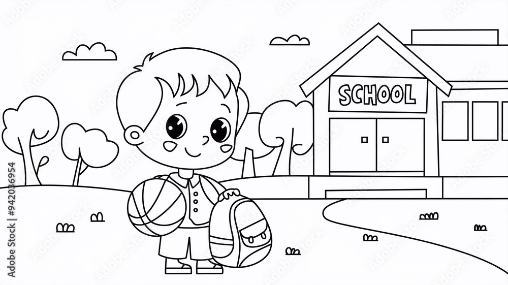 Cute schoolboy with ball and backpack. Coloring book for children ...