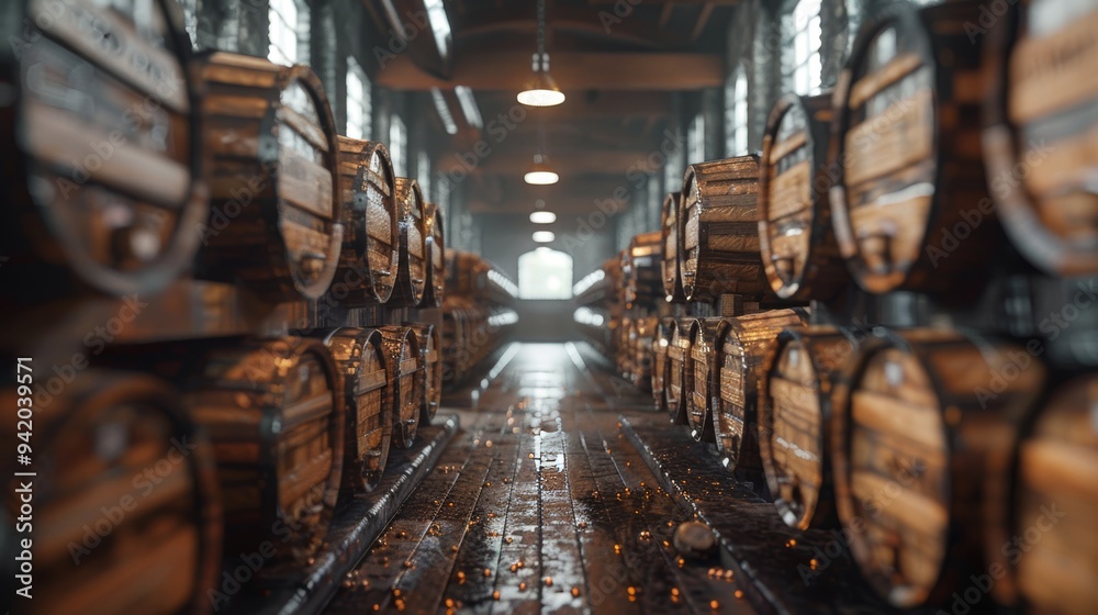 Whiskey, Bourbon, and Scotch Wine Barrels in Aging Facility: Detailed ...