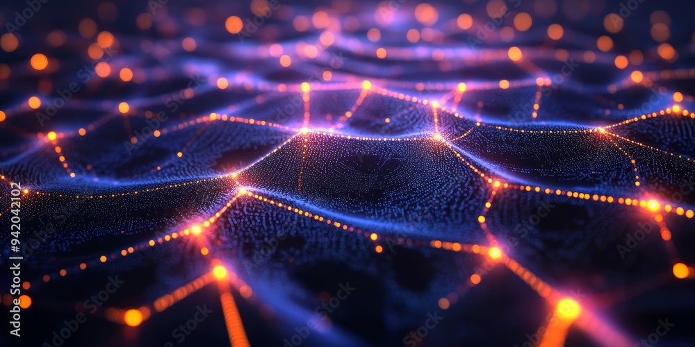 Abstract neural network design with glowing nodes connected by vibrant light trails ...