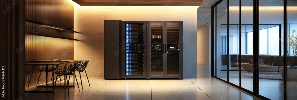 A sleek and modern server room with a black server cabinet in the ...