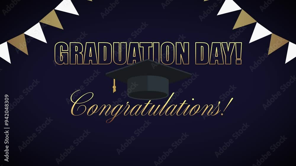Graduation cap in the middle. „Graduation day! Congratulations ...