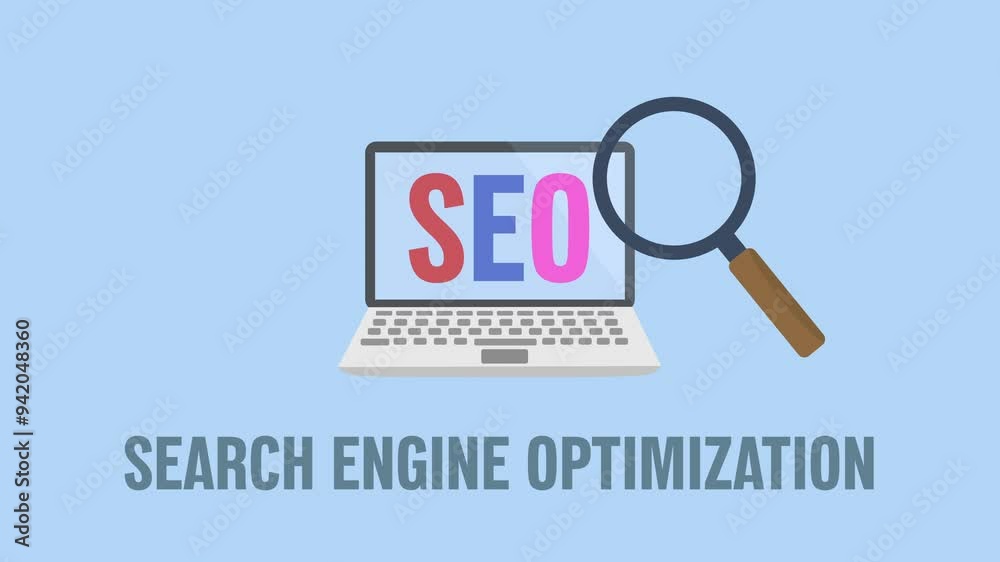 SEO written in the middle of an animated computer. "Search engine ...