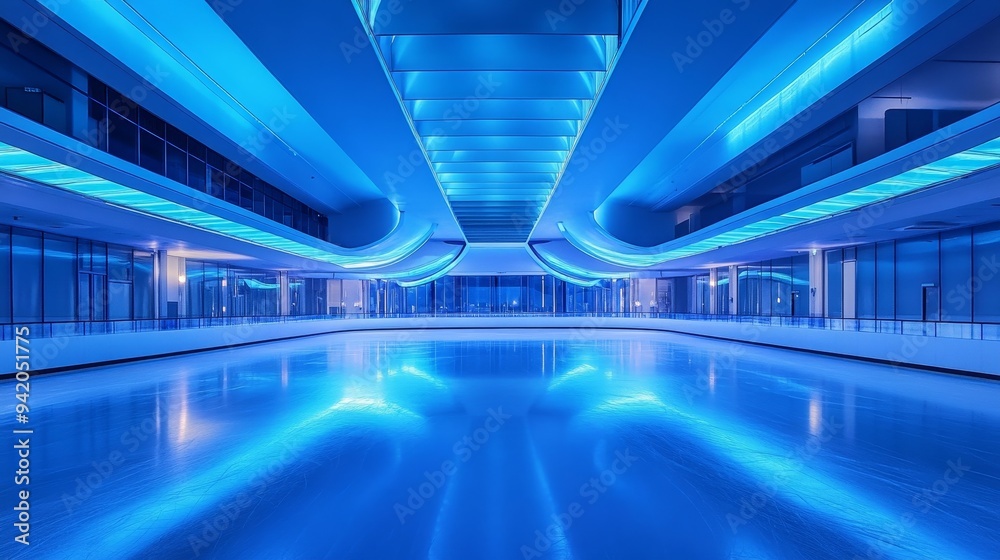 An empty indoor ice skating rink illuminated with blue lights, creating ...