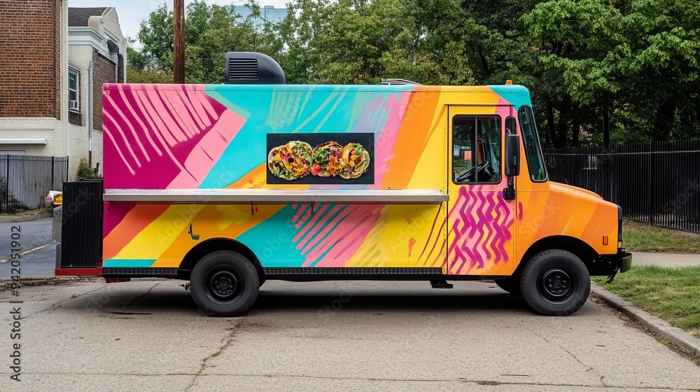 Mobile taco truck with a colorful, graffiti-inspired design, serving ...