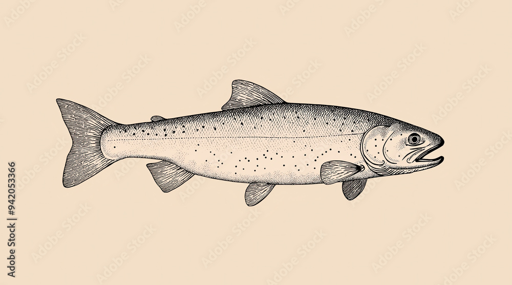 Fish sketch salmon trout. Vintage retro print, black white salmon trout ...