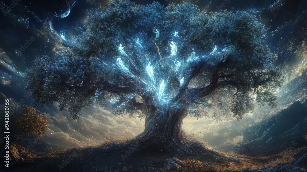 Majestic tree with translucent spirit figures woven into its branches ...