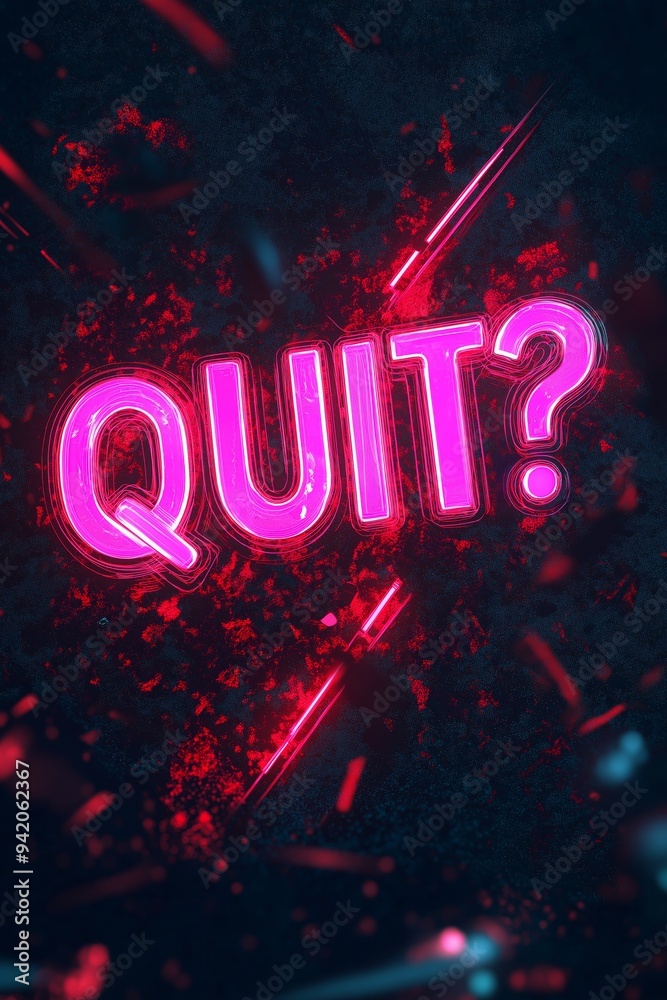 Quit? neon text with glitch and motion blur effects background. Quit ...