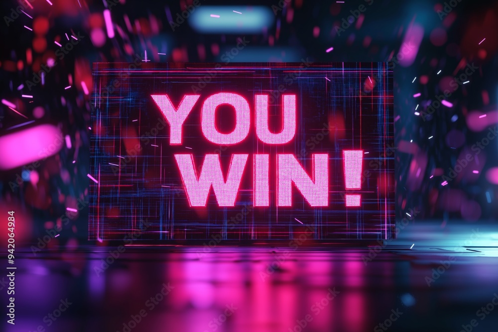 You Win! neon text with glitch and motion blur effects background. You ...