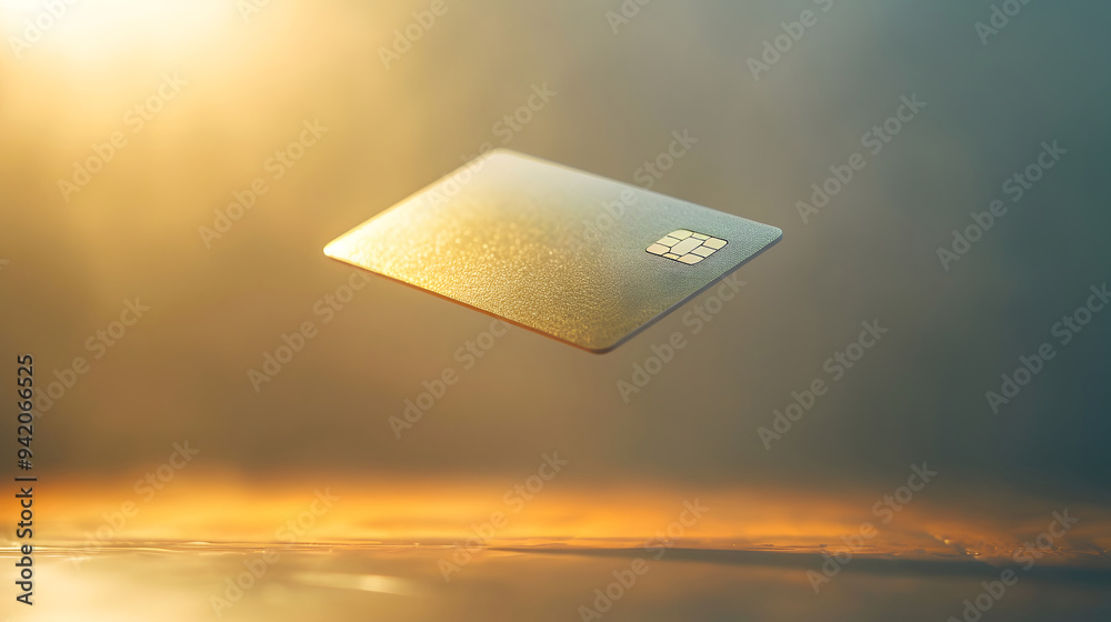 Floating platinum credit card illuminated by soft golden light ...