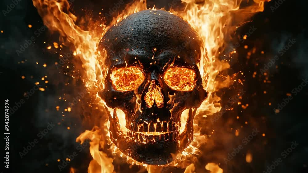 Fiery Skull Against Dark Background Symbolizing Intense Power and ...