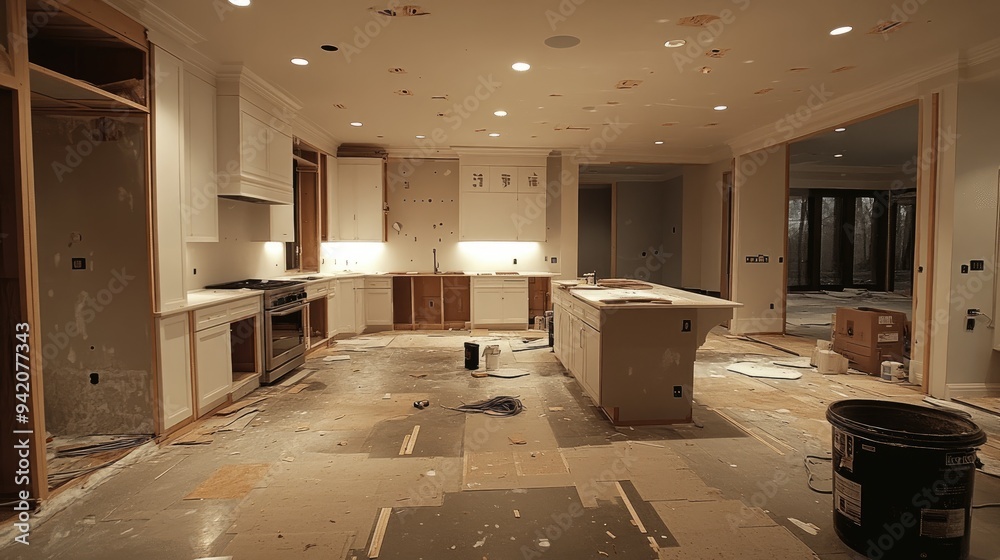 Unfinished kitchen with cabinets. This photo depicts a kitchen under ...