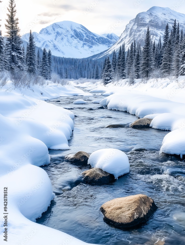 snowy stream rocks snow foreground mountains background frostbite ...